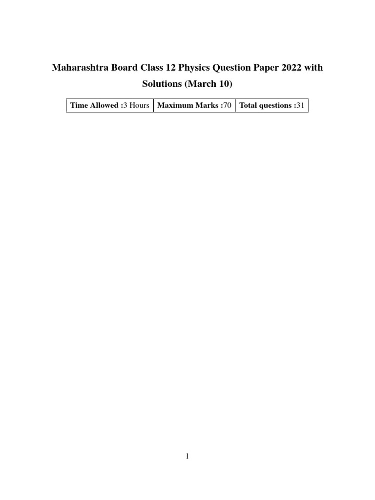 Maharashtra Board Class 12 Physics Question Paper 2022 With Solutions ...