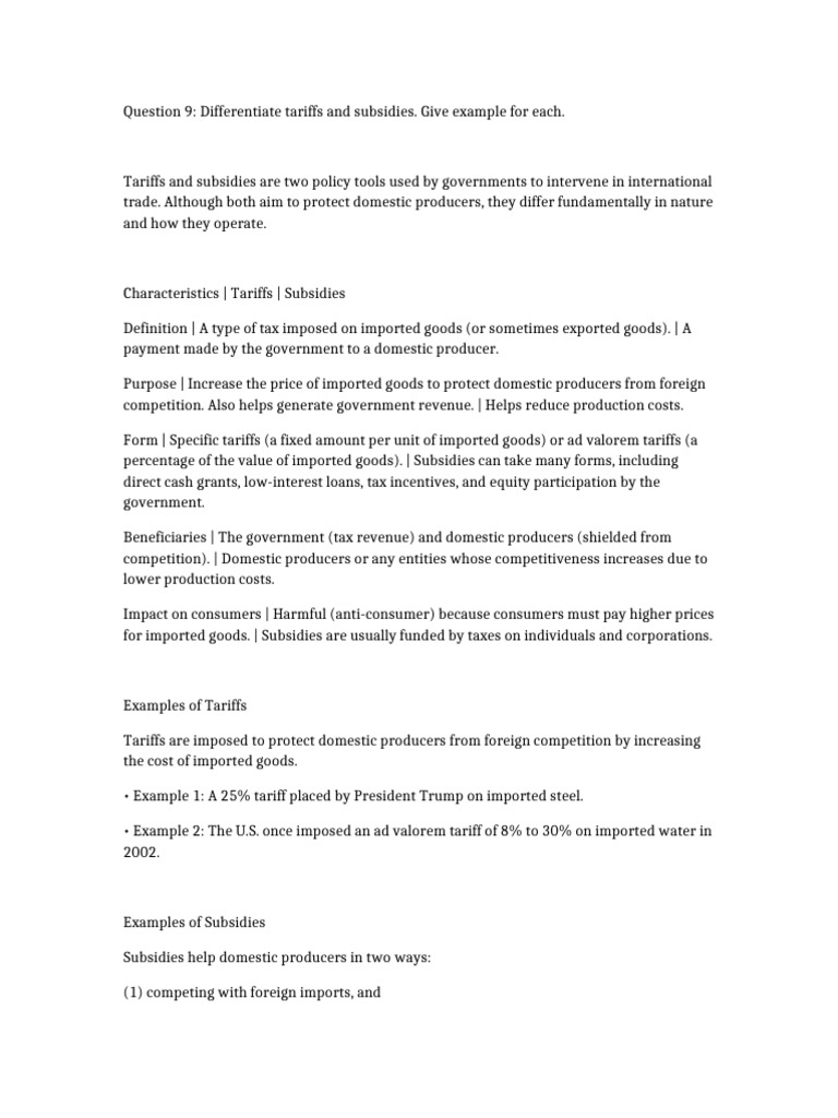 Tariffs vs. Subsidies: Key Differences Explained | PDF