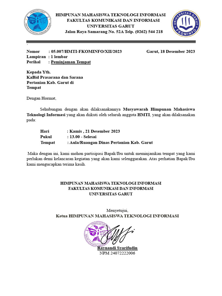 Peminjaman Aula untuk Musyawarah HMTI | PDF