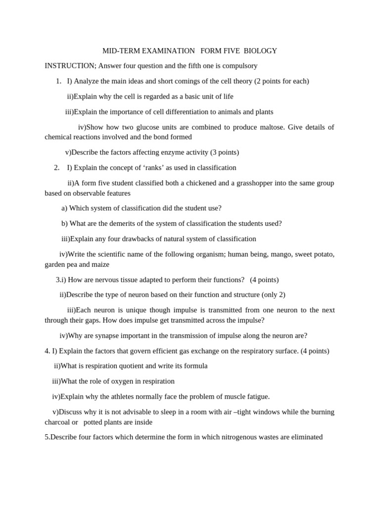 Mid - Term Examination Form Five | PDF