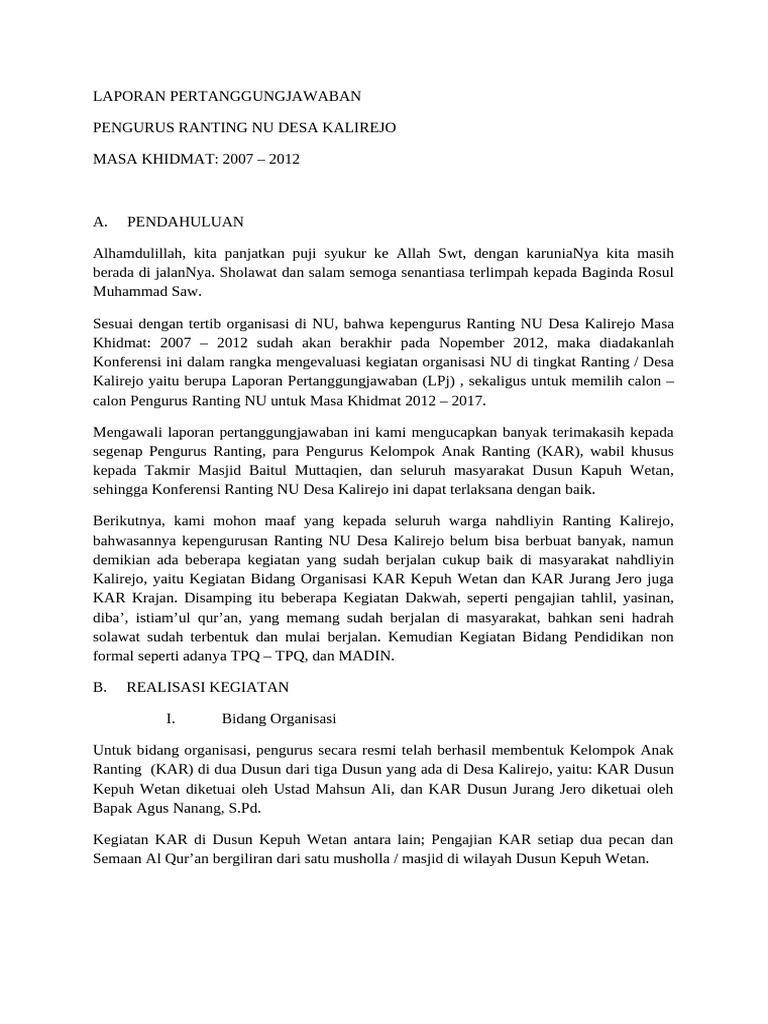 Laporan Pertanggungjawaban NU Kalirejo | PDF