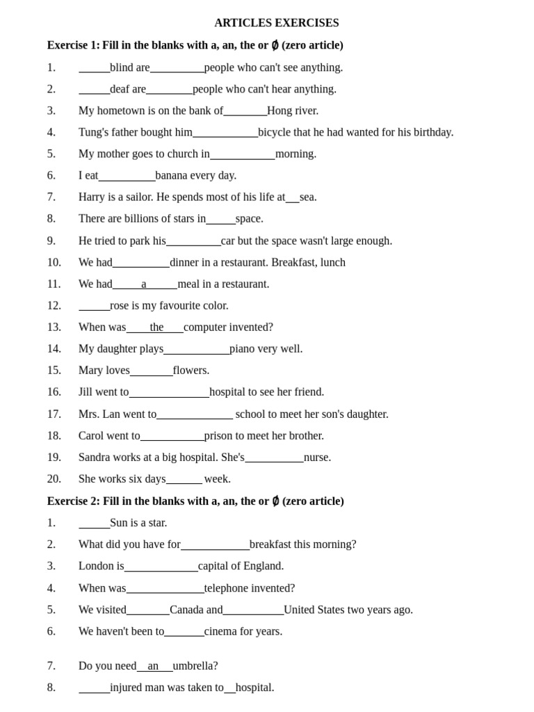 Articles Exercises | PDF