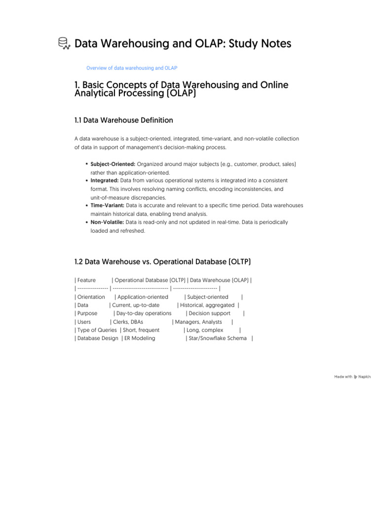 Data Warehousing and OLAP - Study Notes | PDF | Data Warehouse | Data ...