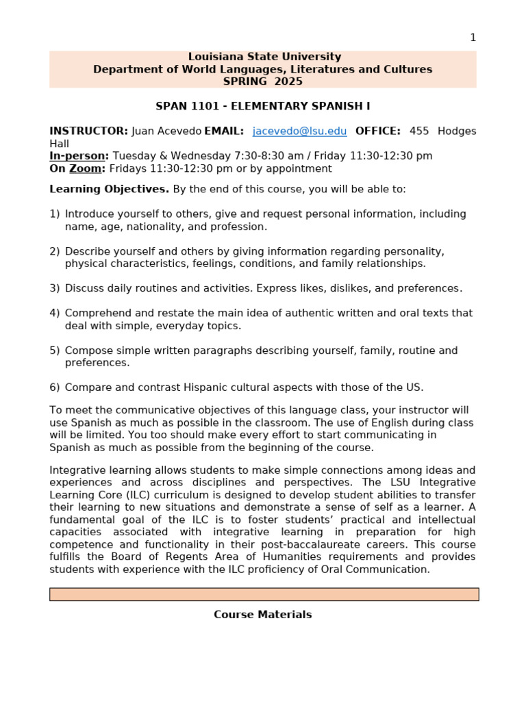 LSU SPAN 1101 Course Overview 2025 | PDF | Title Ix | Violence
