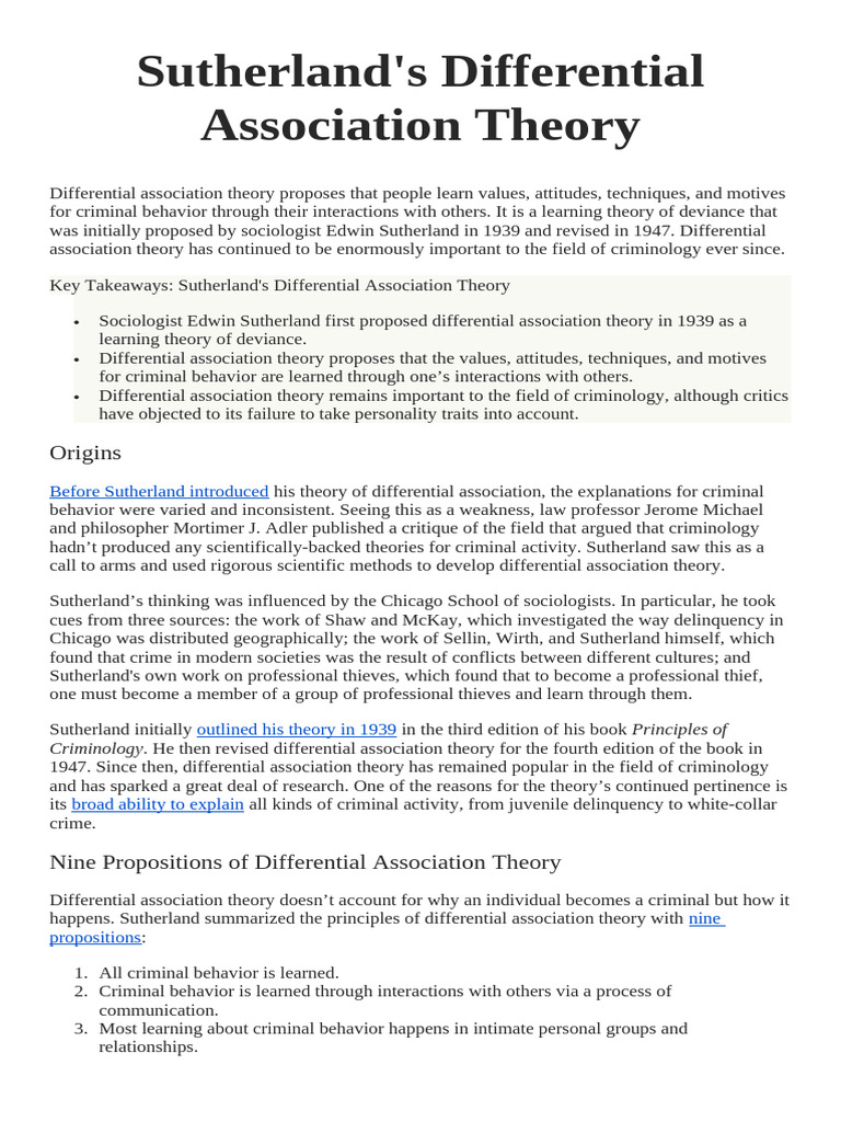 Sutherland's Differential Association Theory Explained | PDF | Crimes ...