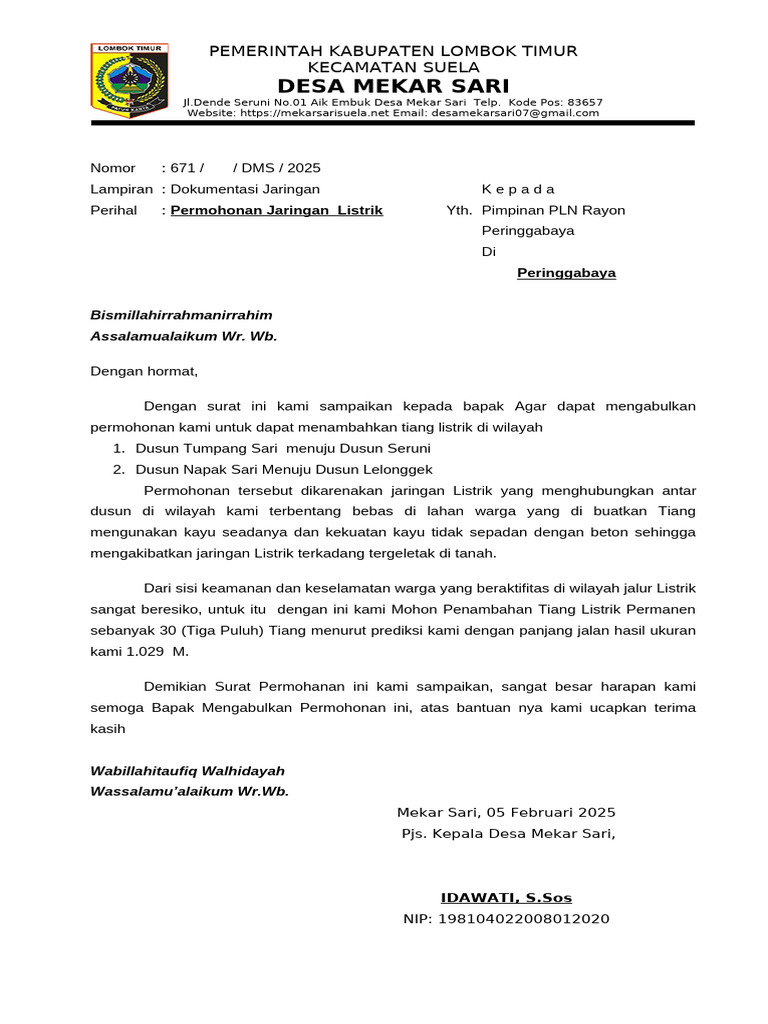 Permohonan Tiang Listrik di Mekar Sari | PDF