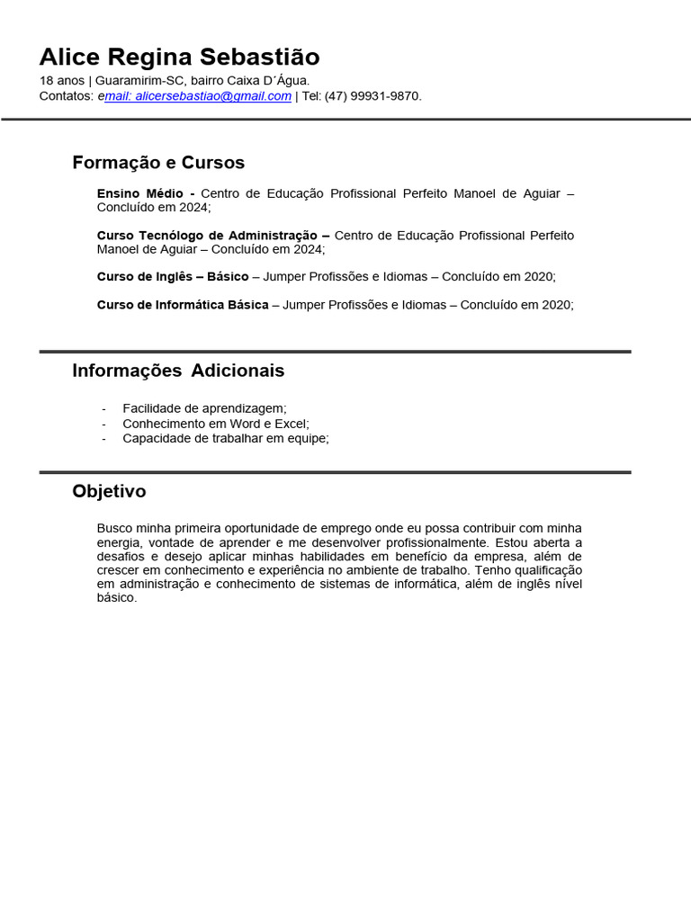 Currículo de Alice Regina Sebastião | PDF