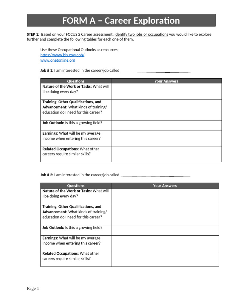 Form A Career Exploration | PDF