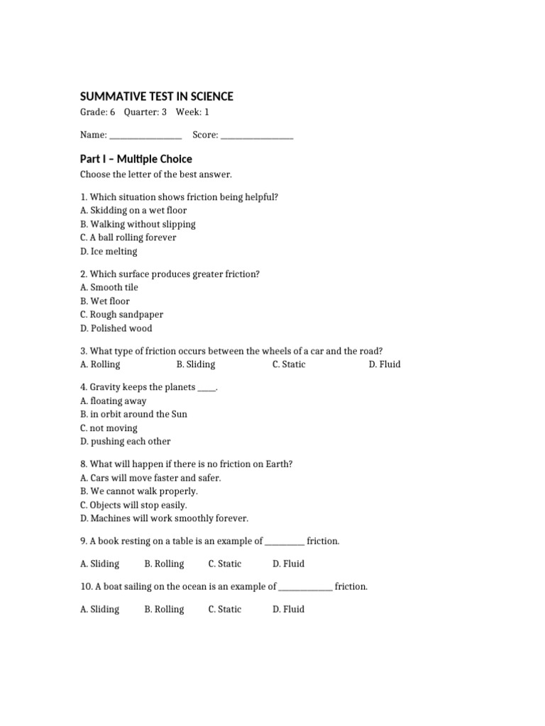 Grade 6 Science Friction Test | PDF | Friction | Mechanics