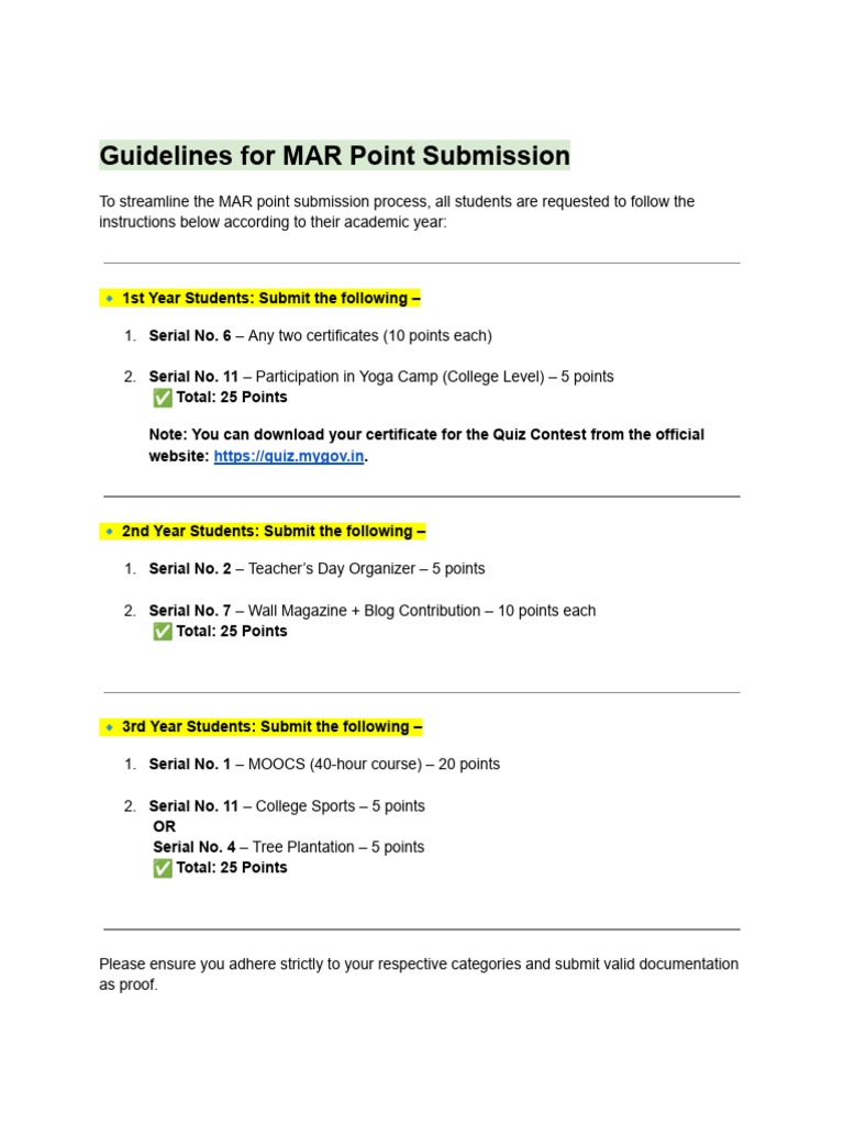 Guidelines For MAR Point Submission | PDF