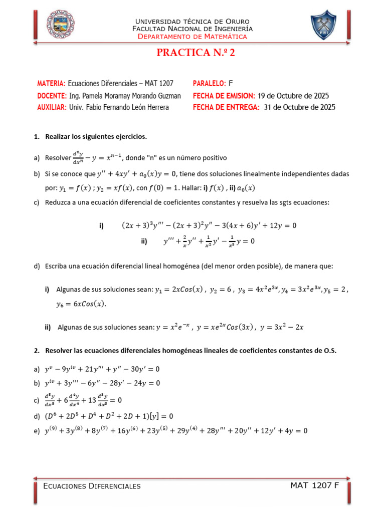 Practica 2 MAT 1207 F II-25 | PDF | Ecuaciones | Ecuaciones diferenciales