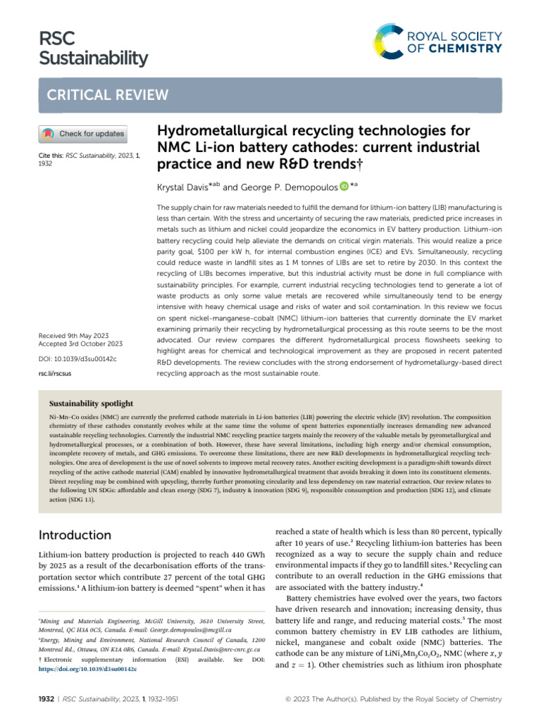 Hydrometallurgical Recycling Technologies For NMC | PDF | Lithium Ion Battery | Electric Vehicle
