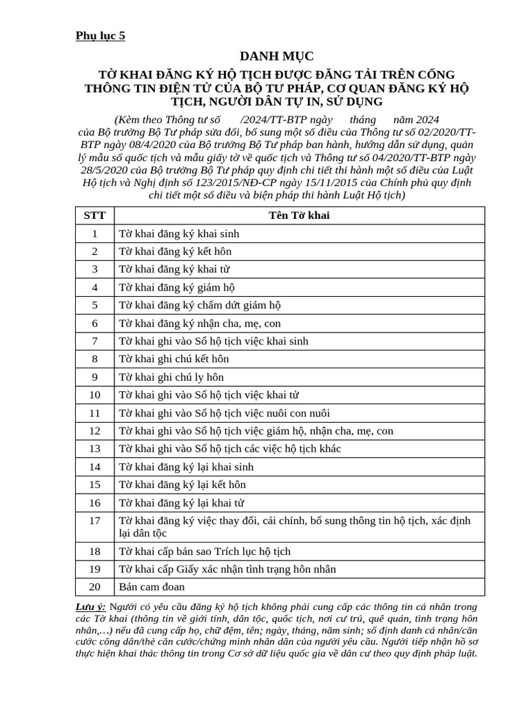 PH L C. Danh Muc To Khai Dang Ky Ho Tich | PDF