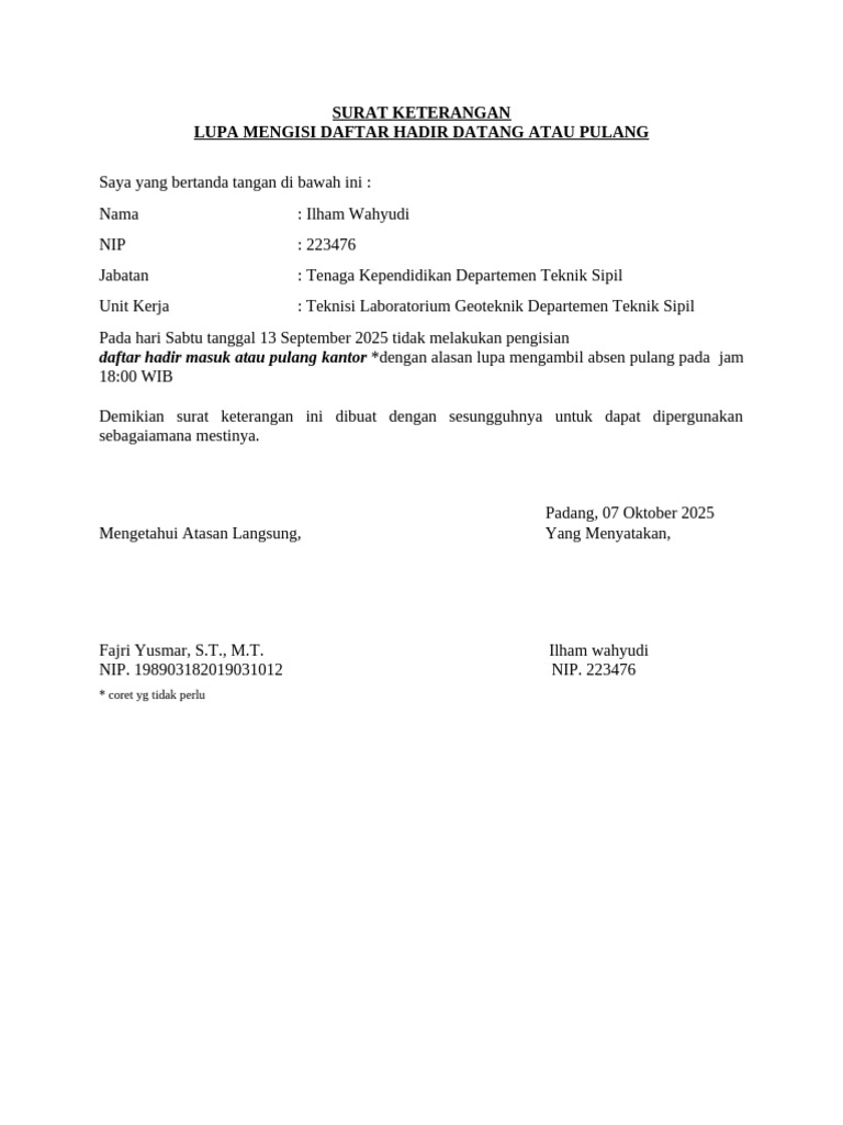 Surat Keterangan Lupa Absen Kerja | PDF