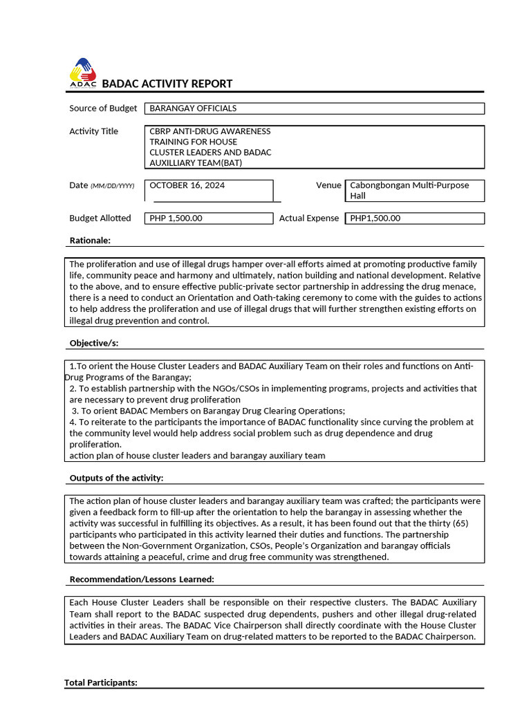 Badac Activity Report Cluster Leaders Training | PDF
