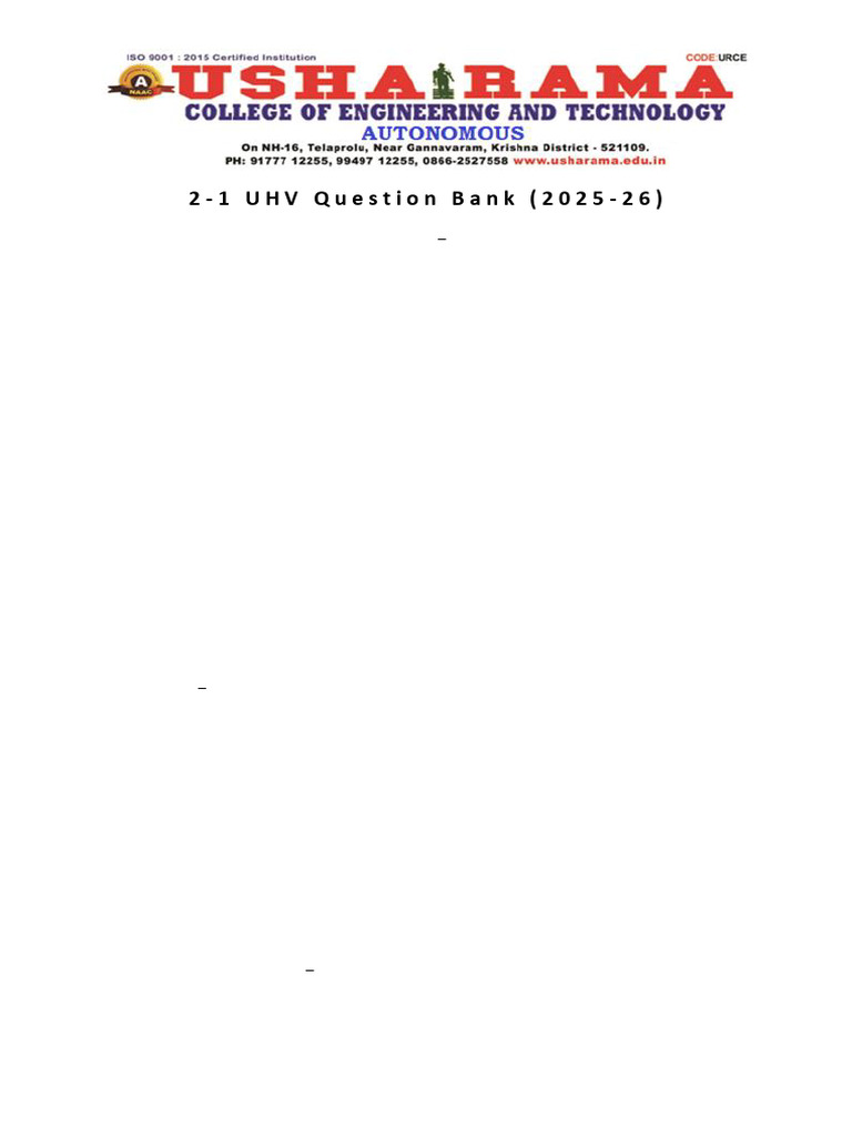 UHV Question Bank: Value Education & Harmony | PDF | Happiness | Evaluation