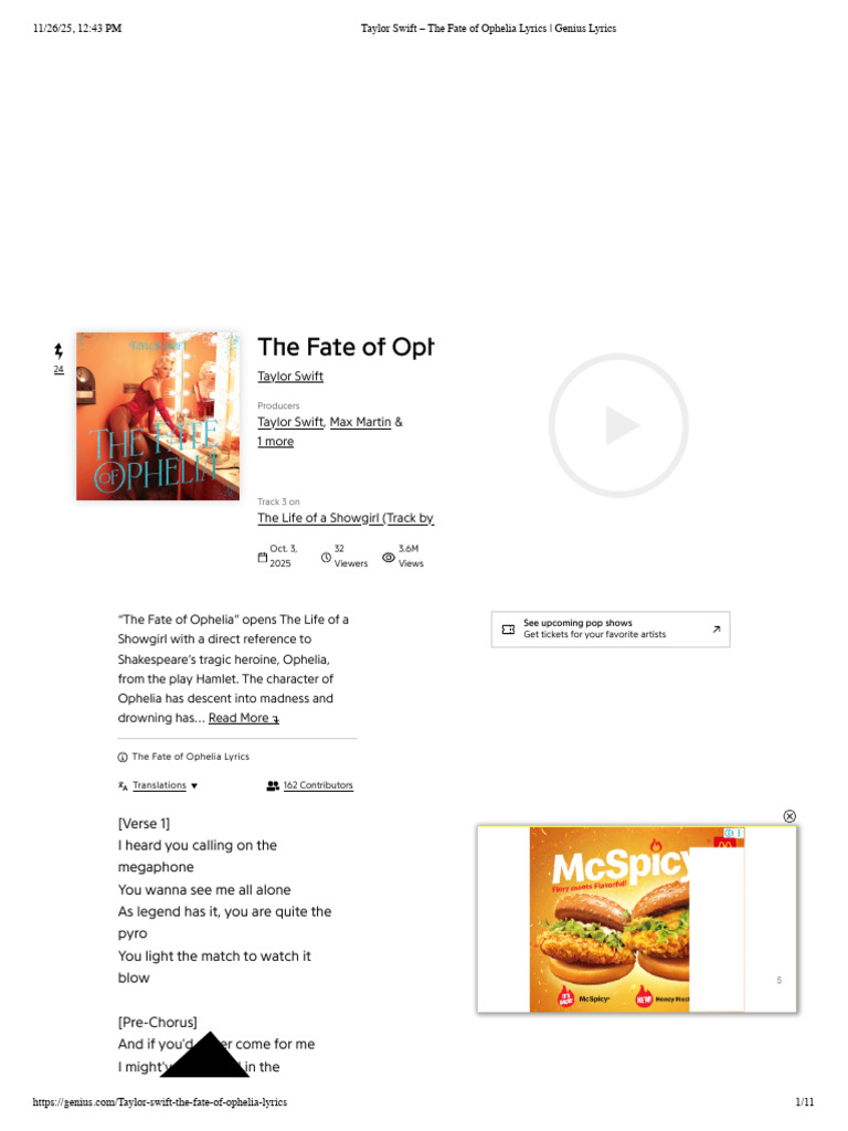 Taylor Swift - The Fate of Ophelia Lyrics - Genius Lyrics | PDF | Hamlet