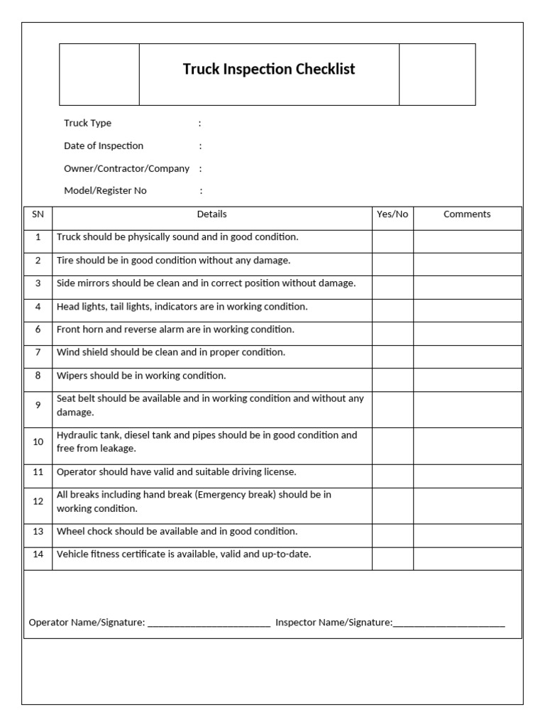 Safety Checklist of Trucks | PDF