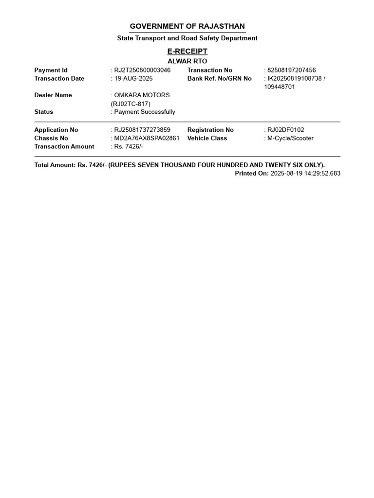 RTO Fee Receipt | PDF