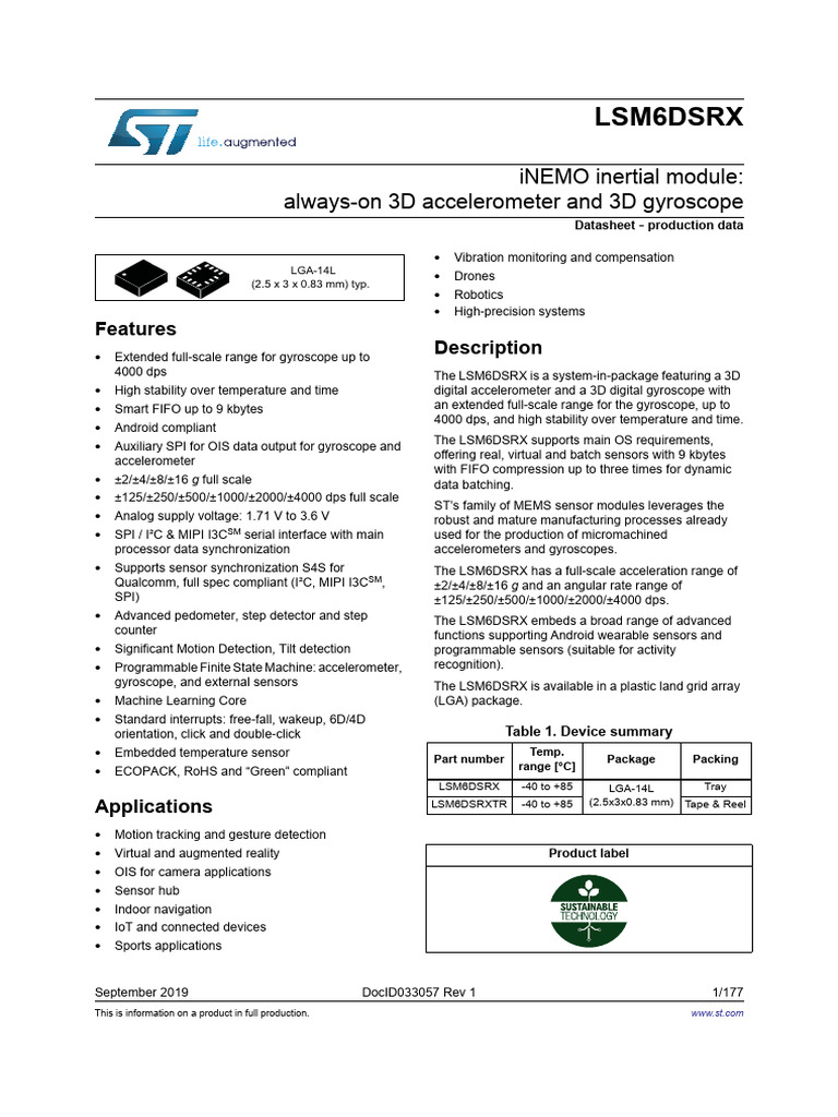Lsm6Dsrx: iNEMO Inertial Module: Always-On 3D Accelerometer and 3D ...