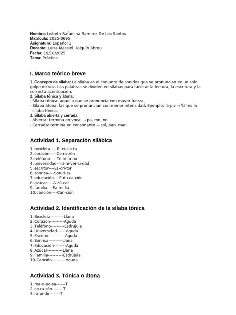 Practica La Silaba LISBETH RAMIREZ | PDF | Sílaba | Lingüística