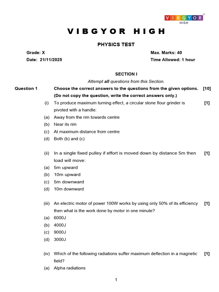 Grade X Physics Test Paper | PDF | Atomic Nucleus | Physical Chemistry