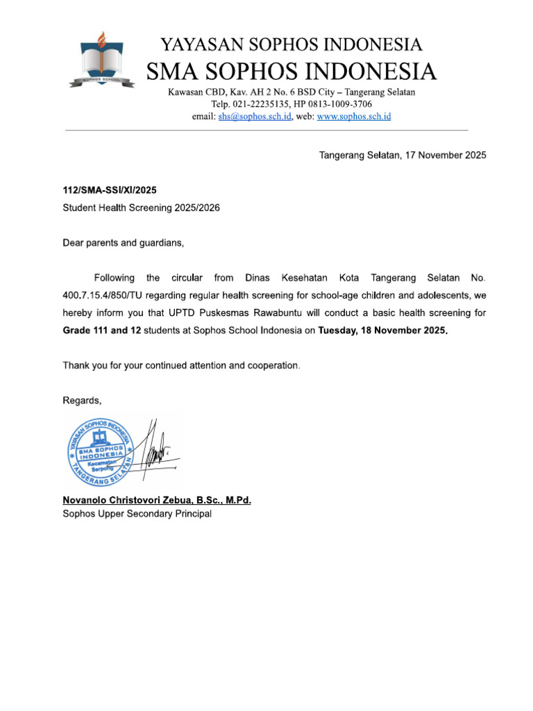 SMA - Student Health Screening 2025 | PDF