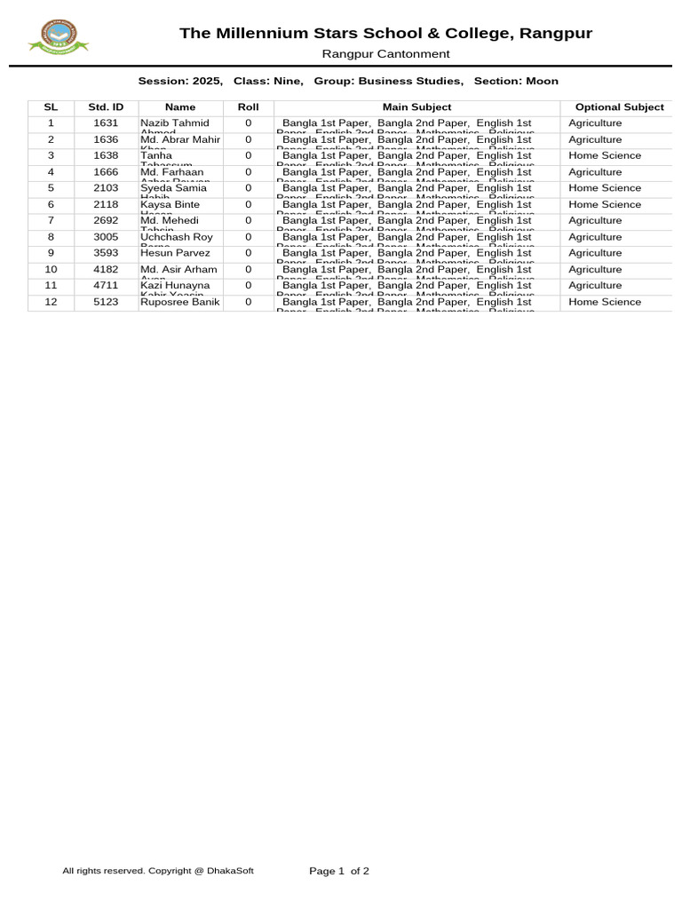 Print Student Wise Subject Mapping | PDF