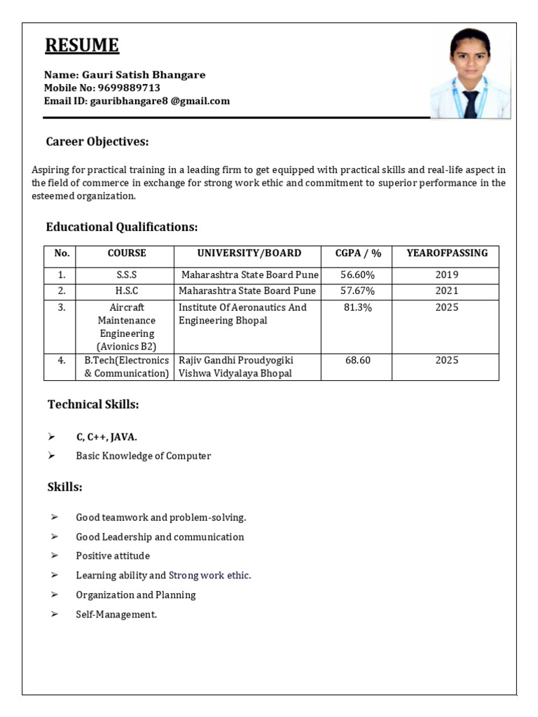 Gauri Bhangare's Resume for Training | PDF