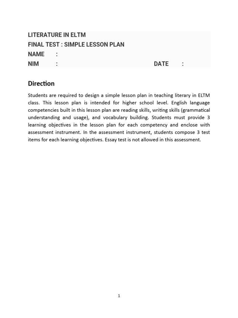 Final Test Lesson Plan | PDF