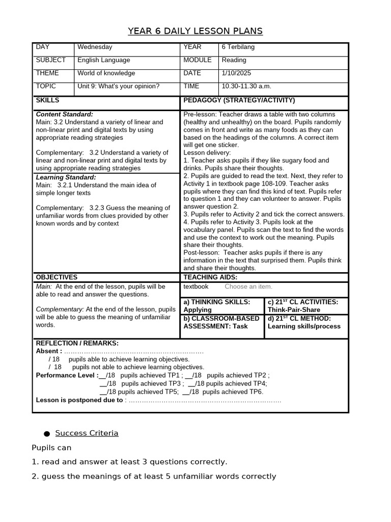 Lesson Plan Y6 1.10.2025 | PDF | Teachers | Lesson Plan