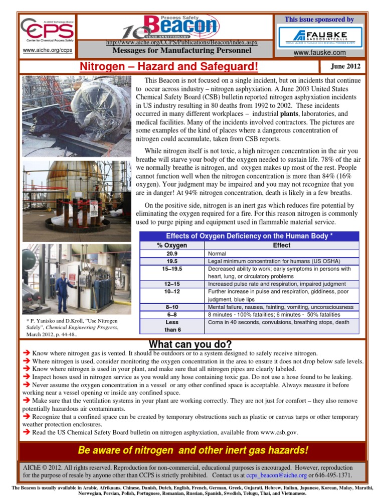 Safety Alert - Beacon June 2012 - Ntitrogen Hazard | PDF | Breathing ...