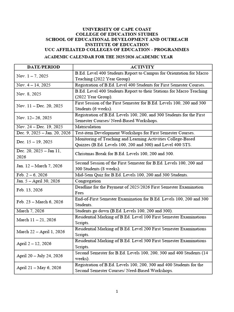 UCC 2025/2026 Academic Calendar | PDF | Academic Term | Educational ...