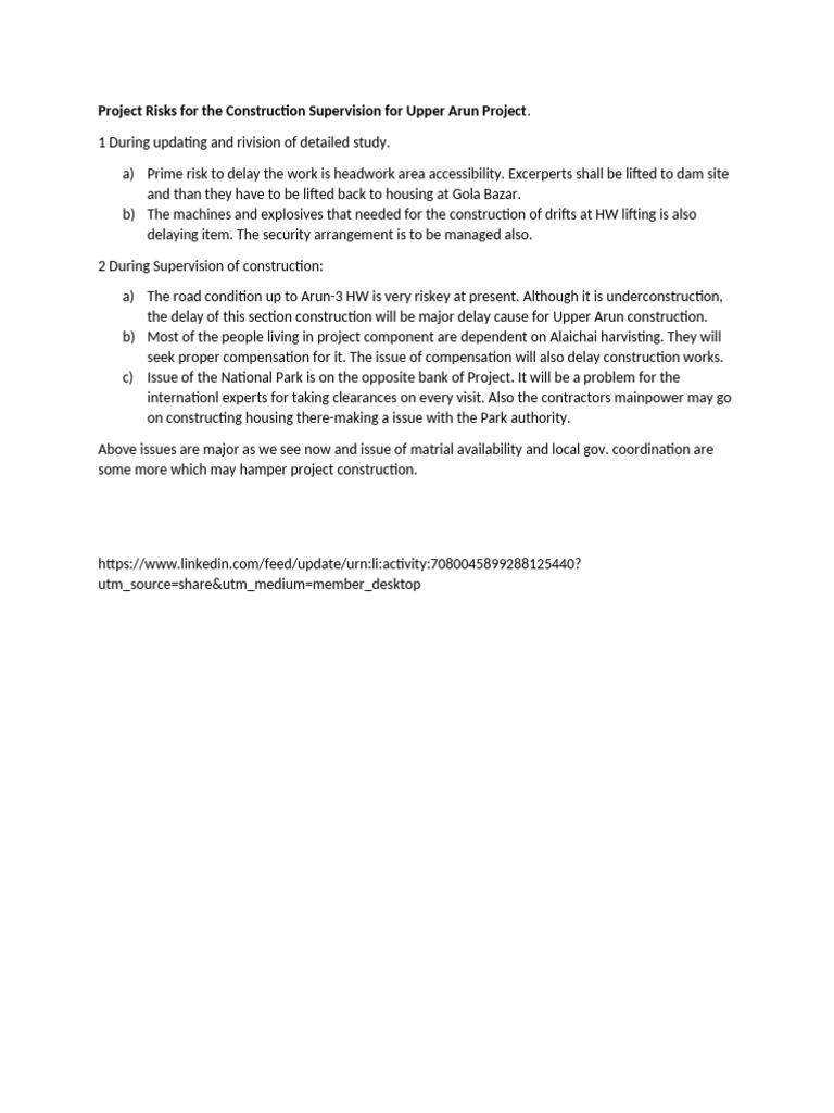 Upper Arun Project Construction Risks | PDF