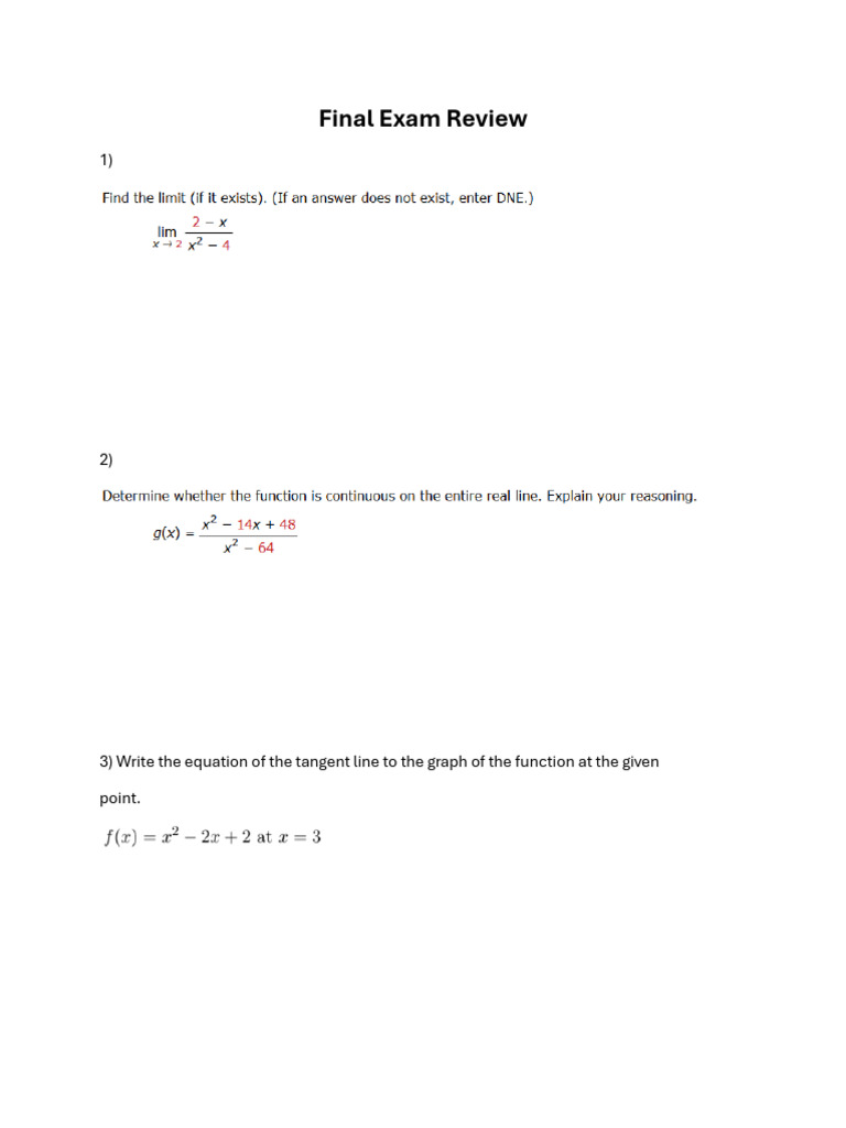 Final Exam Review: Calculus Concepts | PDF
