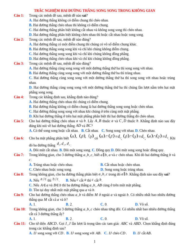 30 Cau Trac Nghiem Hai Duong Thang Song Song Trong Khong Gian Hay | PDF