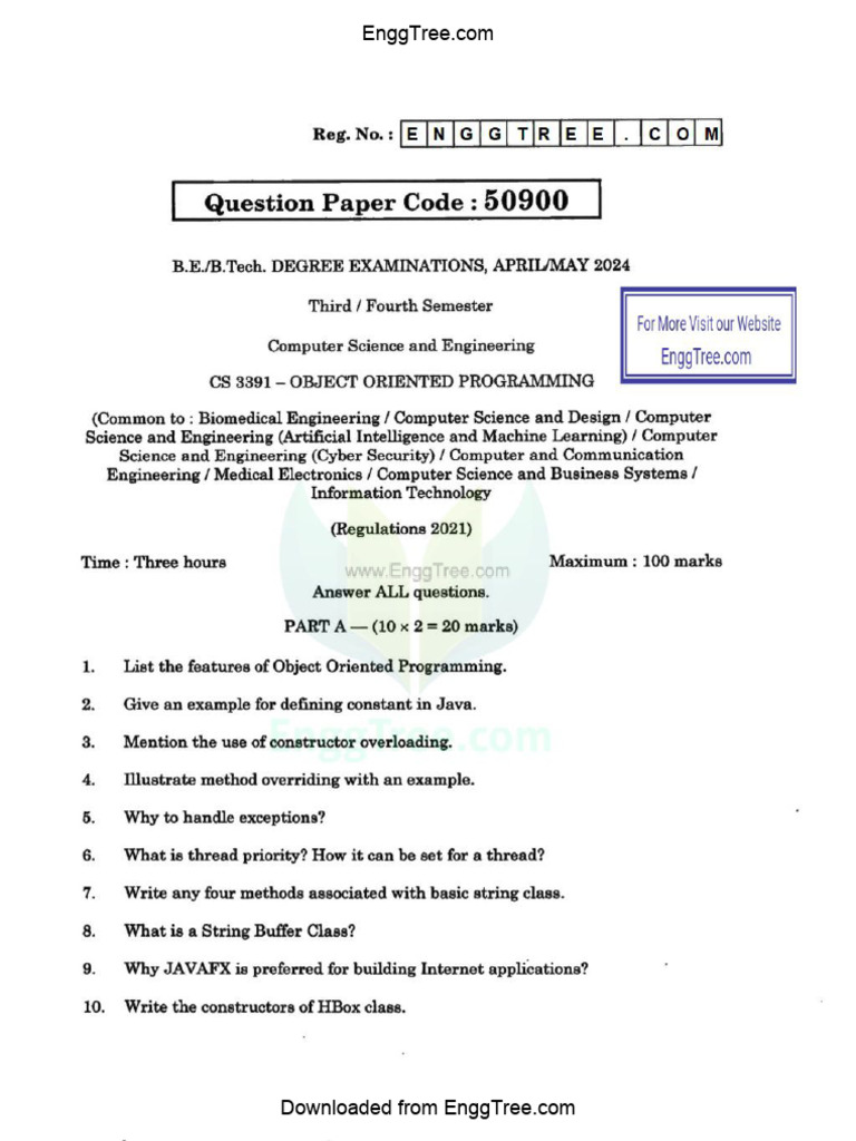 CS3391 Object Oriented Programming Apr May 2024 Question Paper Download | PDF