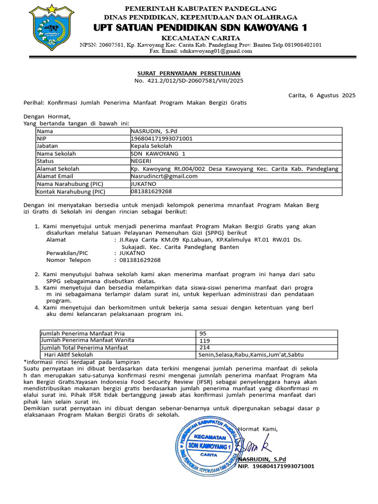 Surat Pernyataan Persetujuan MBG | PDF