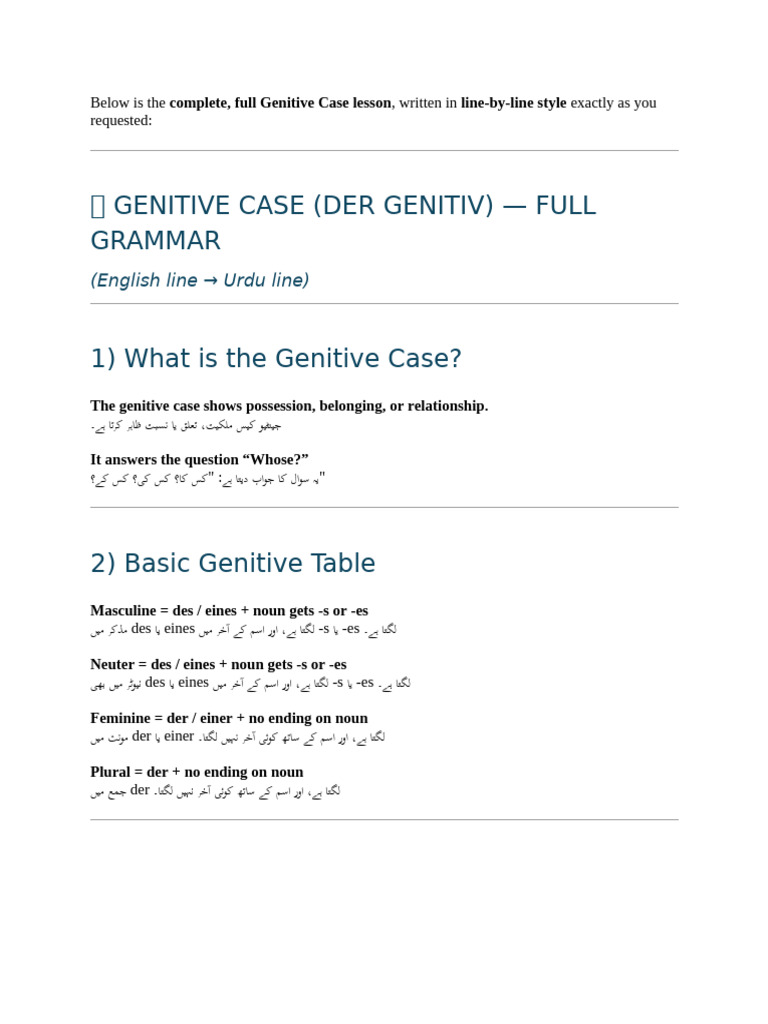 Genitive Case German Language (Grammer) | PDF
