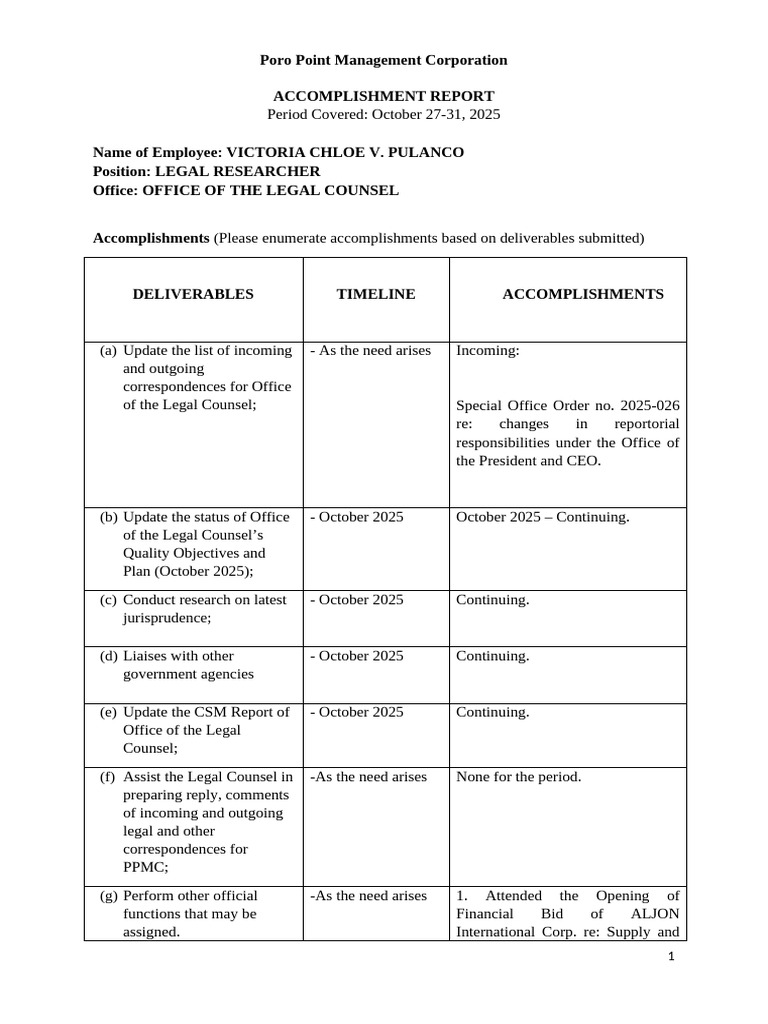 PPMC Legal Researcher Accomplishments Report | PDF
