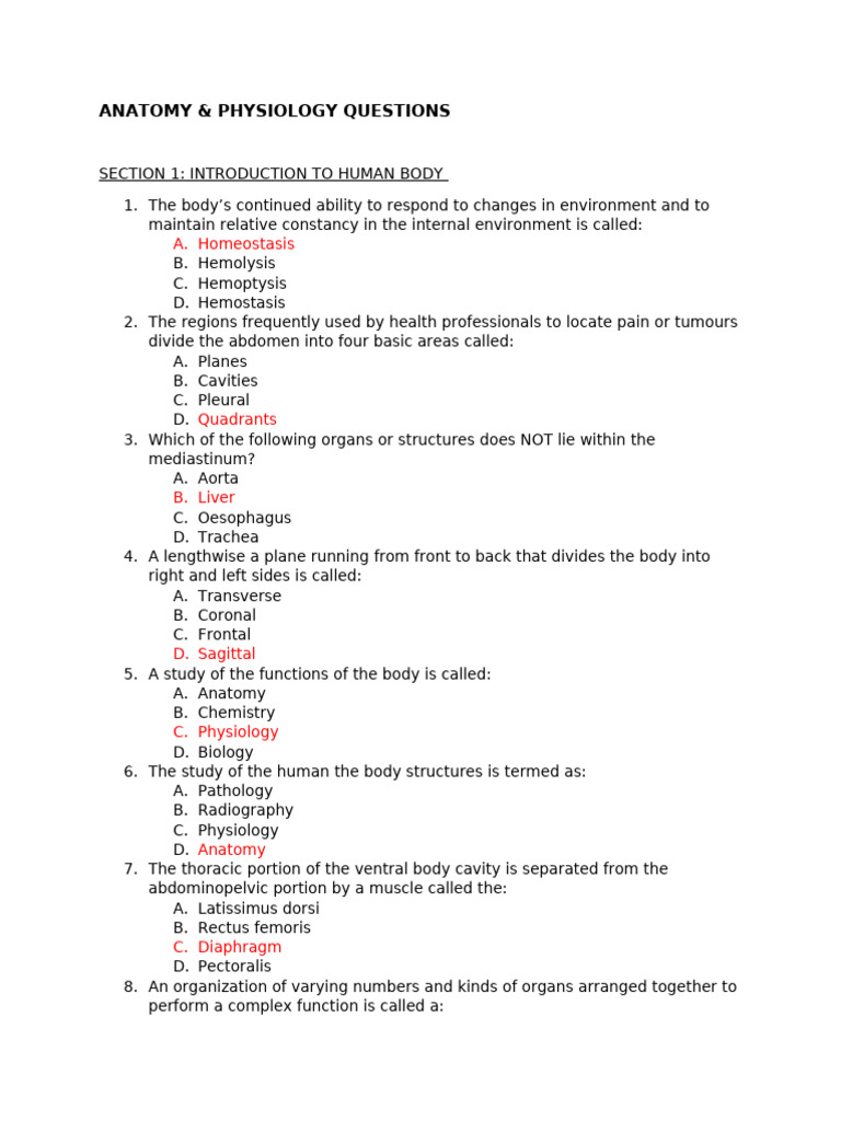 Anatomy & Physiology Questions | PDF | Abdomen | Organ (Anatomy)