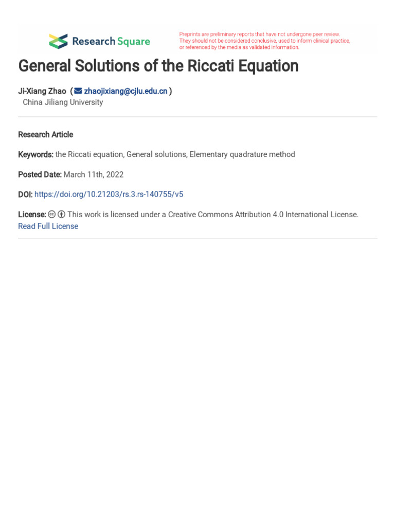 General Solutions of The Riccati Equation | PDF | Equations ...
