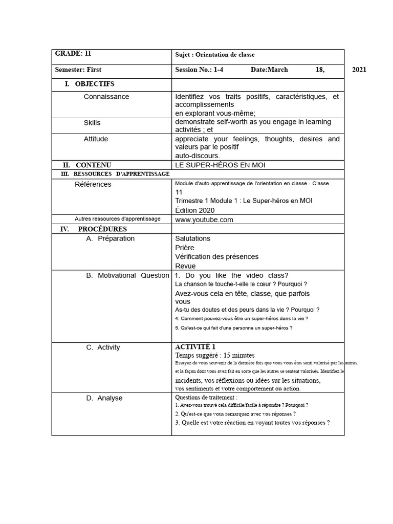 Plan de Cours en HG 11 | PDF | Communication non verbale