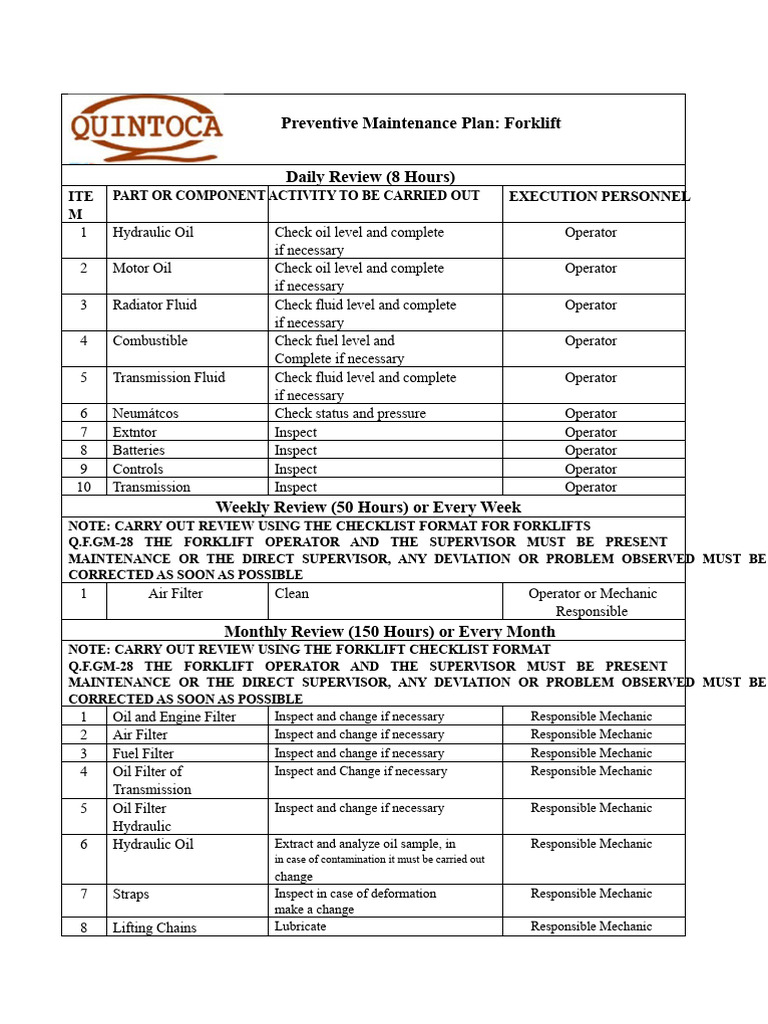 Preventive Maintenance Plan For Forklifts | PDF | Motor Oil | Forklift