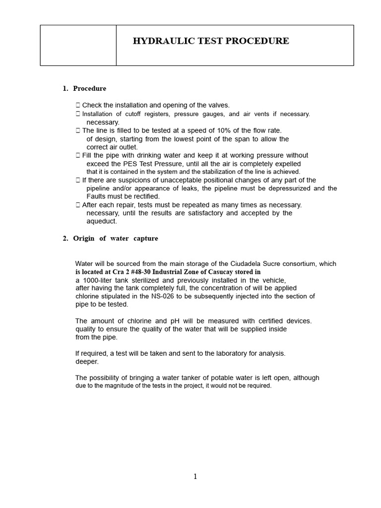 Hydraulic Testing Procedure Guide | PDF | Water | Pipe (Fluid Conveyance)