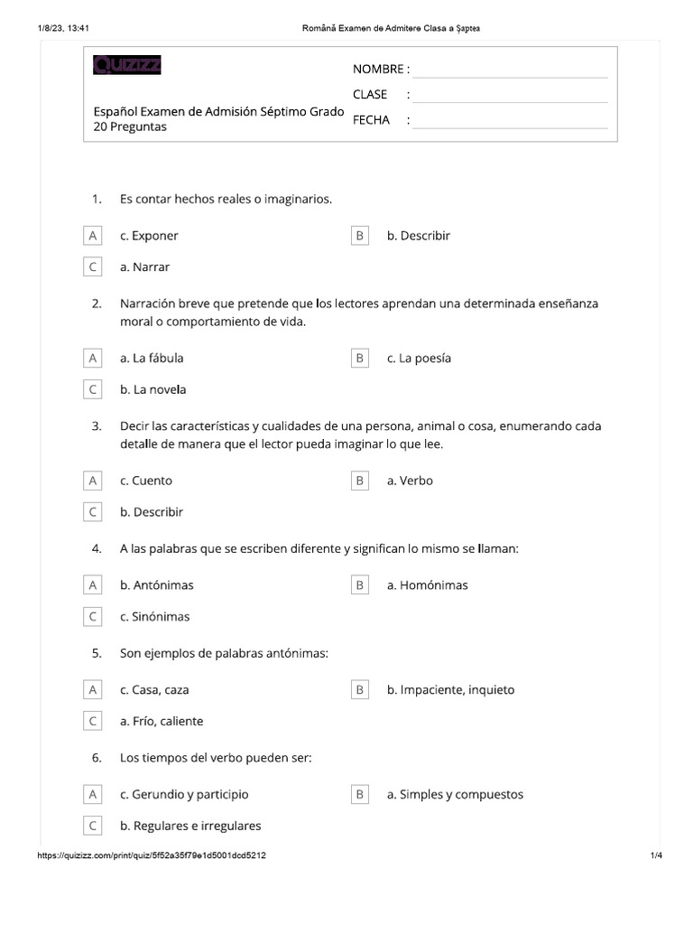 Examen de Admitere Clasa A VII-a | PDF
