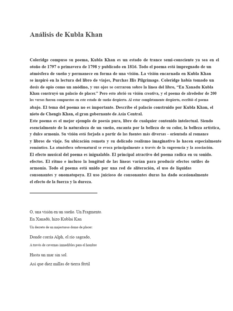 Análisis del poema Kubla Khan de Coleridge | PDF | Samuel Taylor Coleridge