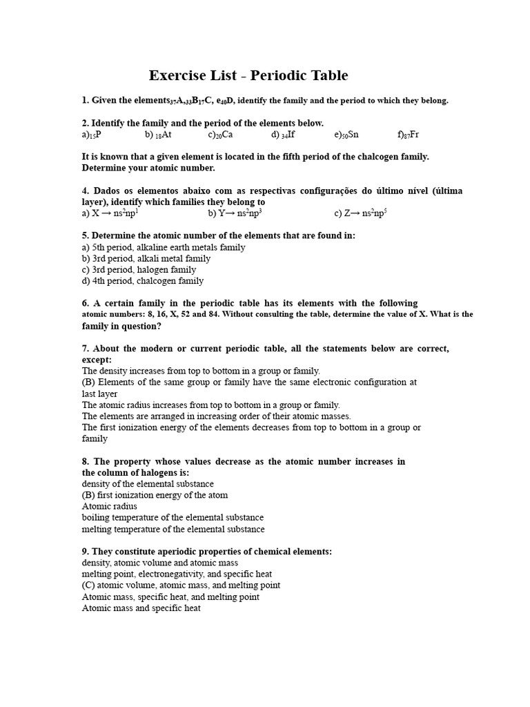 Periodic Table Exercises and Analysis | PDF | Chemical Elements ...