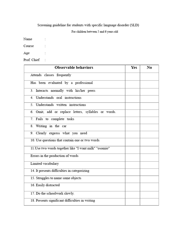 Screening Guidelines for Specific Language Disorder | PDF