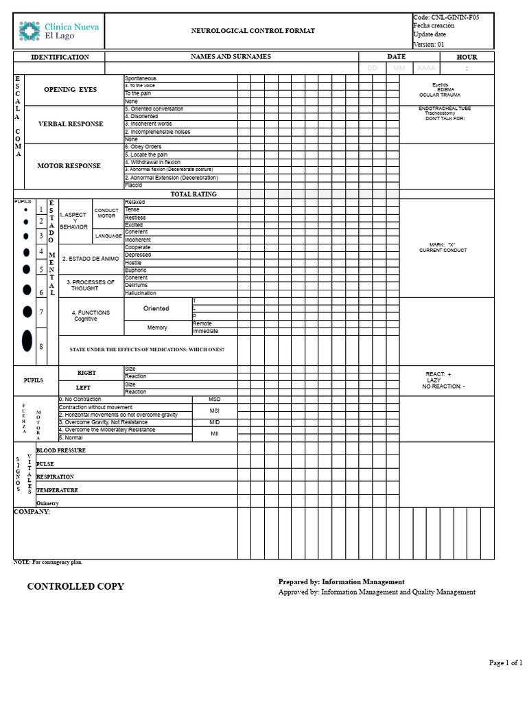 CNL-GININ-F05 Neurological Control Sheet Format | PDF | Clinical ...